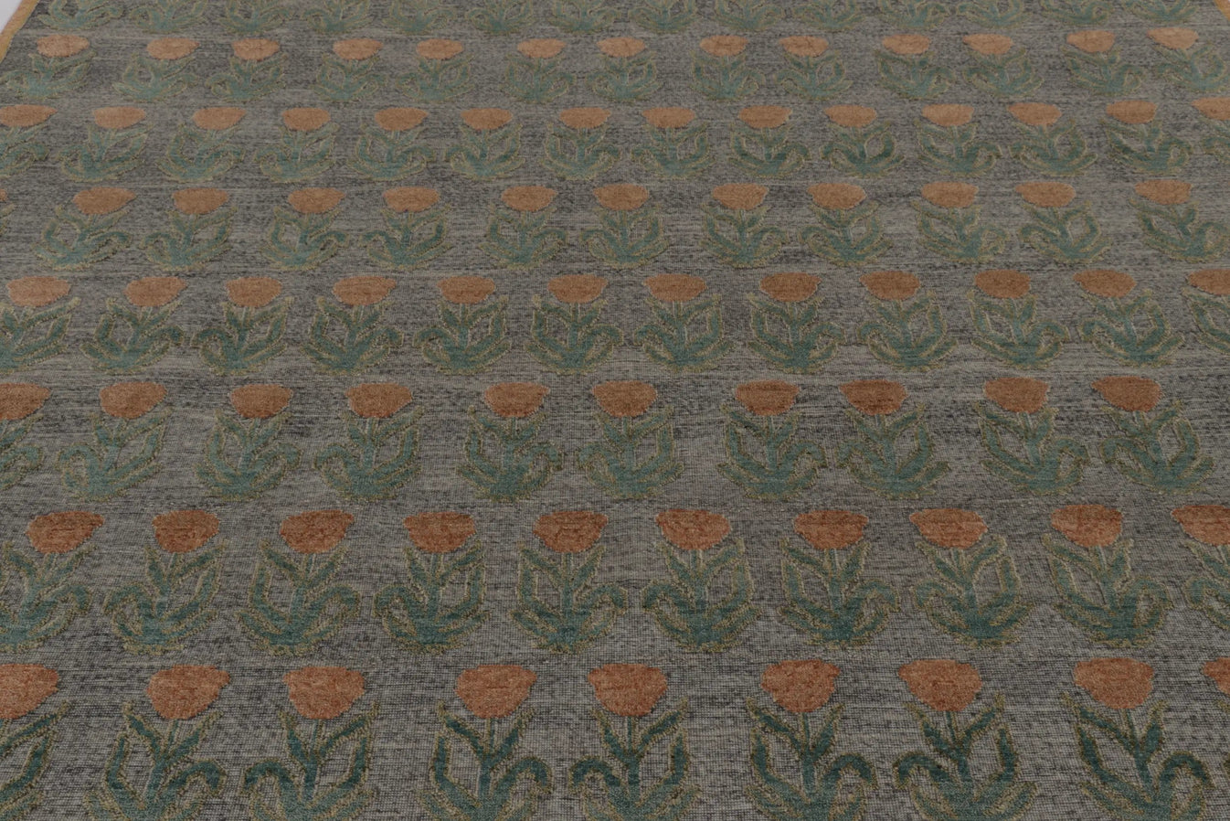 Rug & Kilim's Block Print Rug Design in Gray with Rust and Green Floral ...