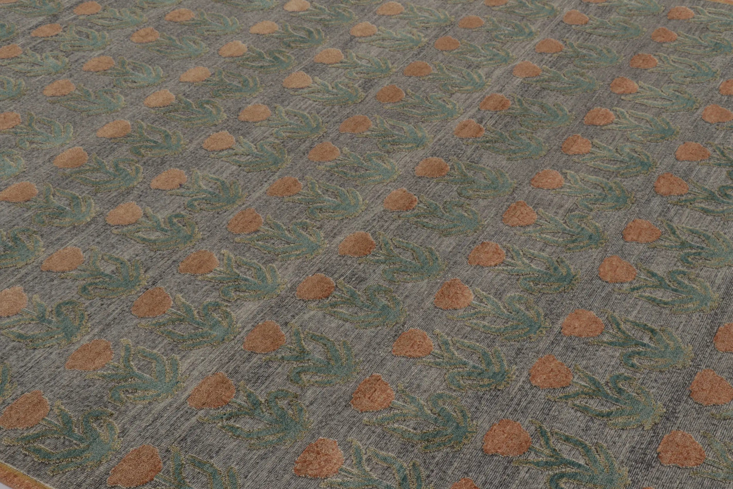 Rug & Kilim's Block Print Rug Design in Gray with Rust and Green Floral ...